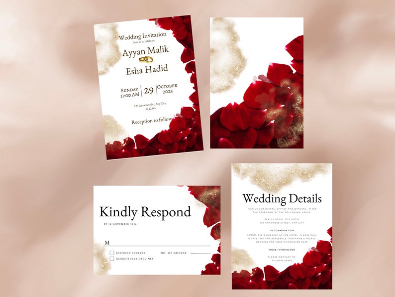 Red Rose Wedding Invitation Template , Dark Red Rose Petals, Elegant ...