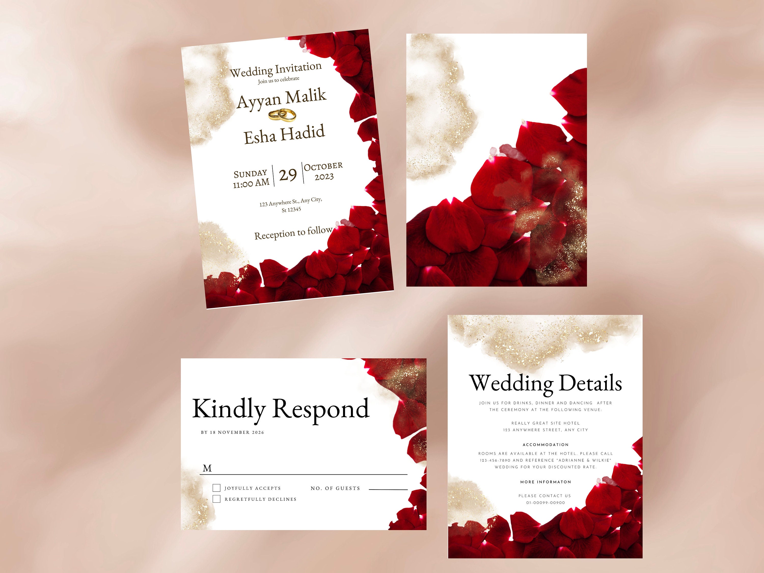 Red Rose Wedding Invitation Template , Dark Red Rose Petals, Elegant ...