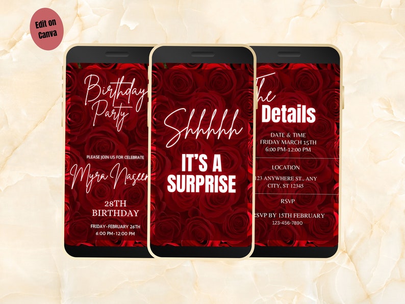 Red Birthday Party Invitation Template, Digital Red Rose Birthday ...