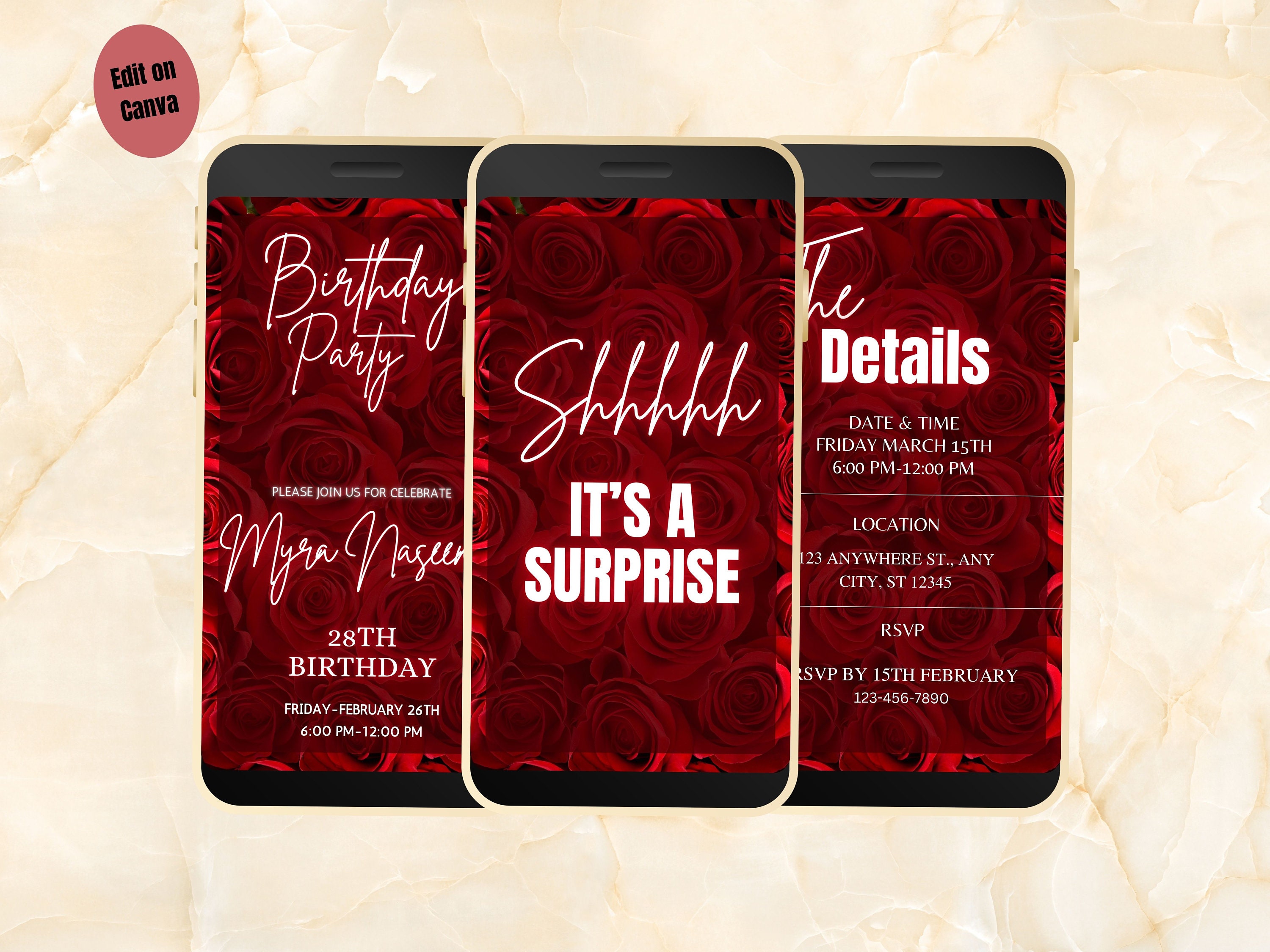 Red Birthday Party Invitation Template, Digital Red Rose Birthday ...