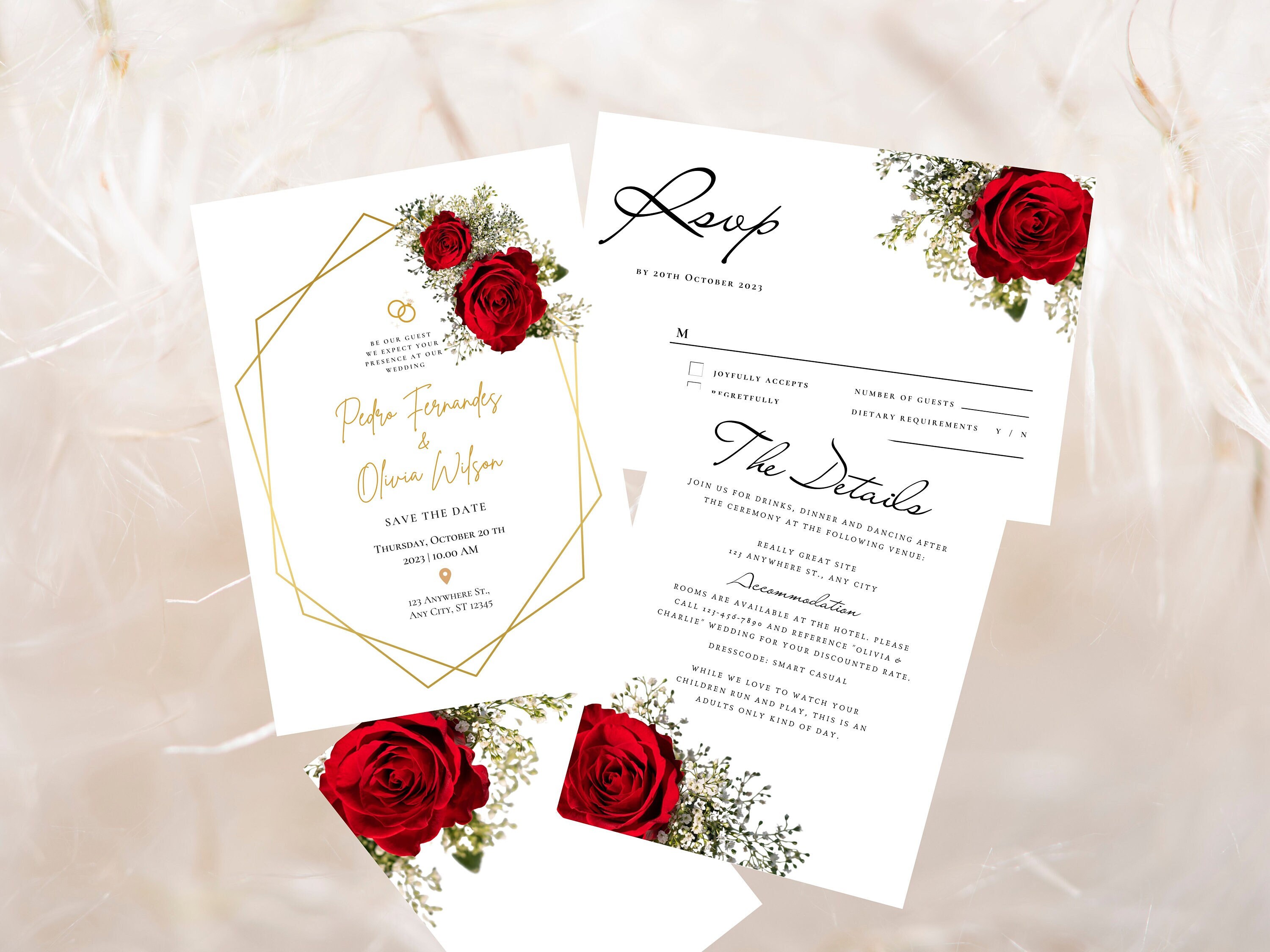 Red Rose Wedding Invitation Template , Red Rose Invite, Elegant Red ...