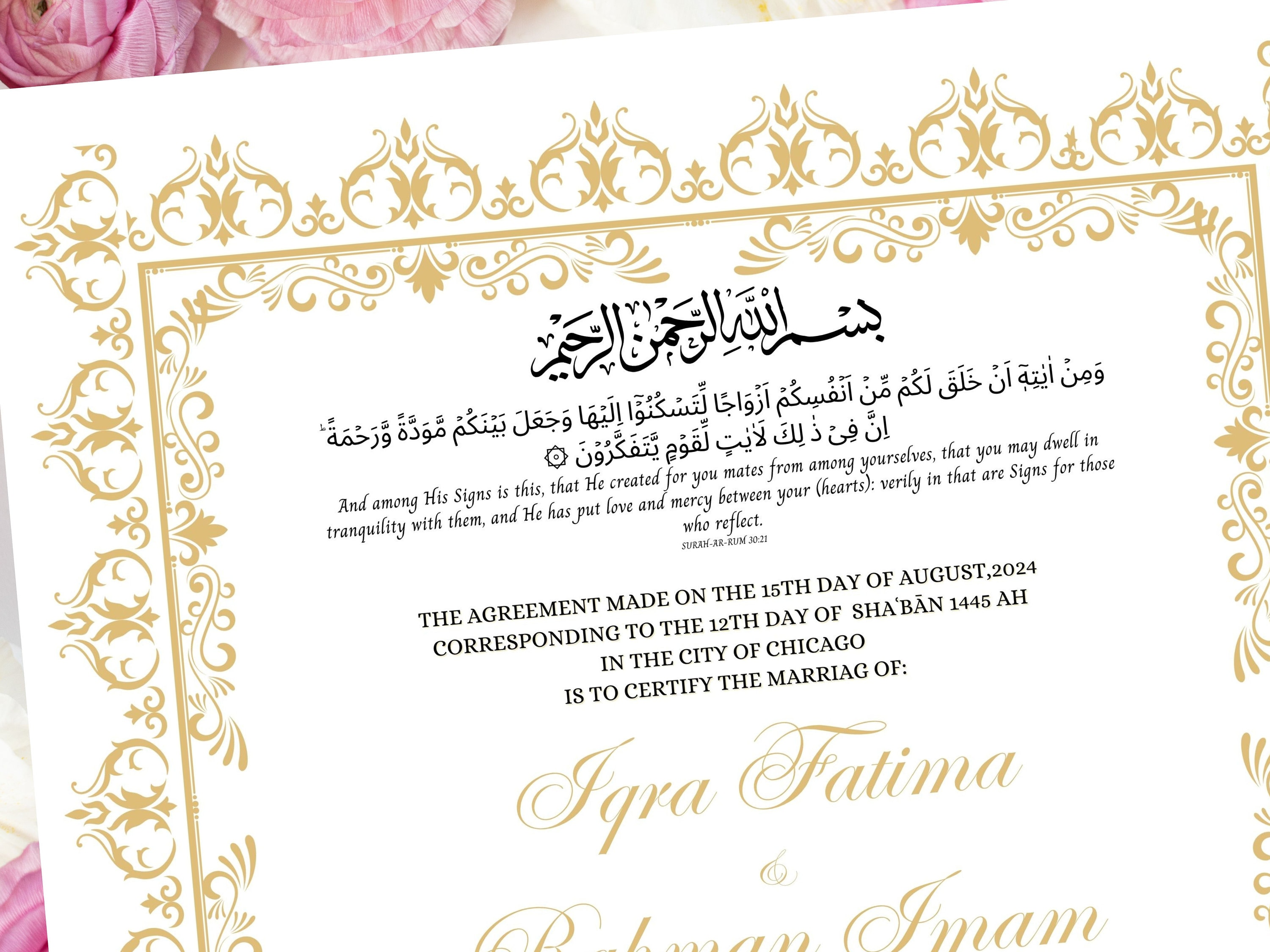 Nikkah Certificate, A4/A3 Islamic Wedding Contract Template, Nikkah ...