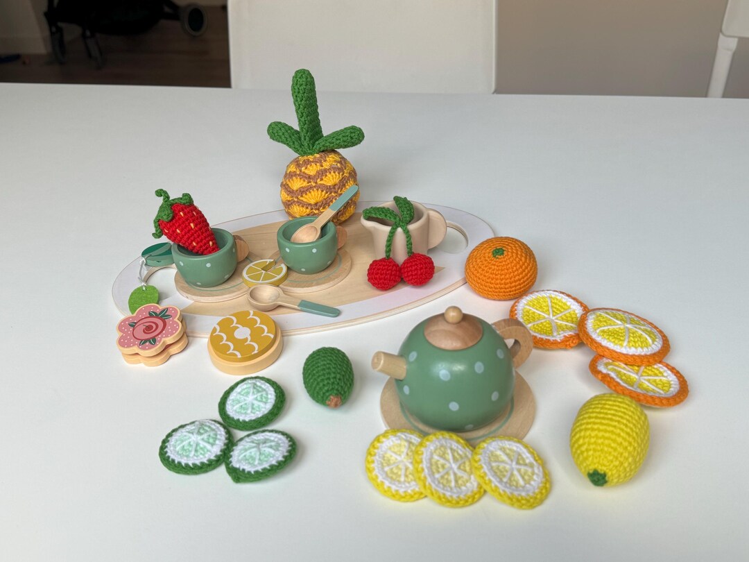 Wooden Toy Tea Set With Hand-knitted Fruits 20 Pieces Eco-friendly ...