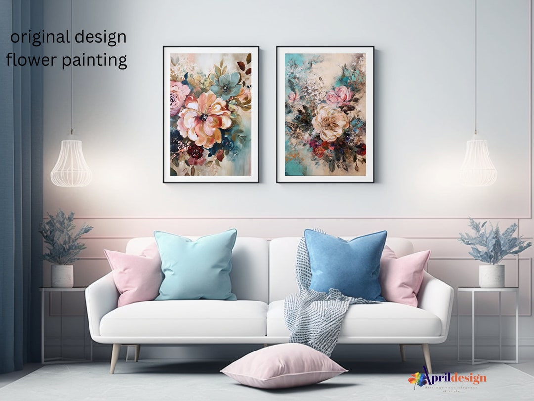 Boho Flower Painting Wall Decor Set of 2/living Room Bedroom Floral ...