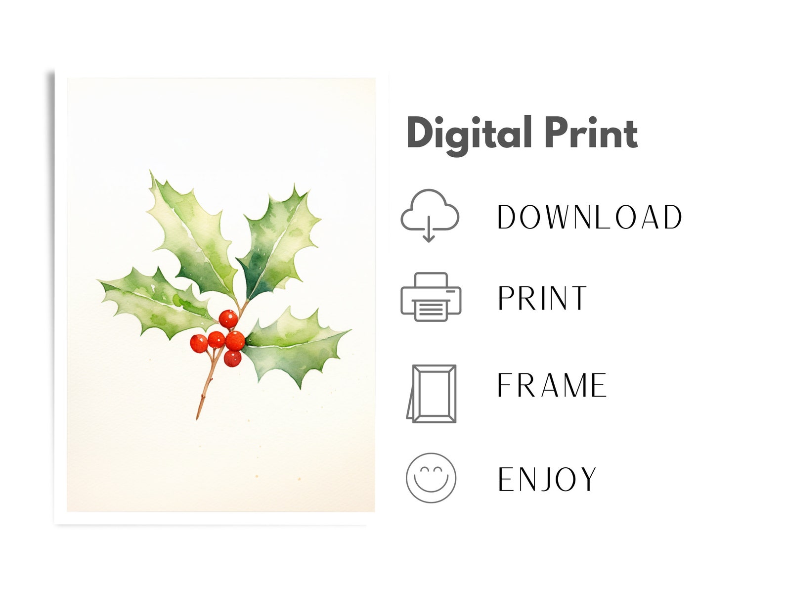 Holly Christmas Print, Printable Holiday Art, Winter Print, Minimalist ...
