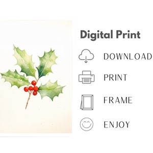 Holly Christmas Print, Printable Holiday Art, Winter Print, Minimalist ...