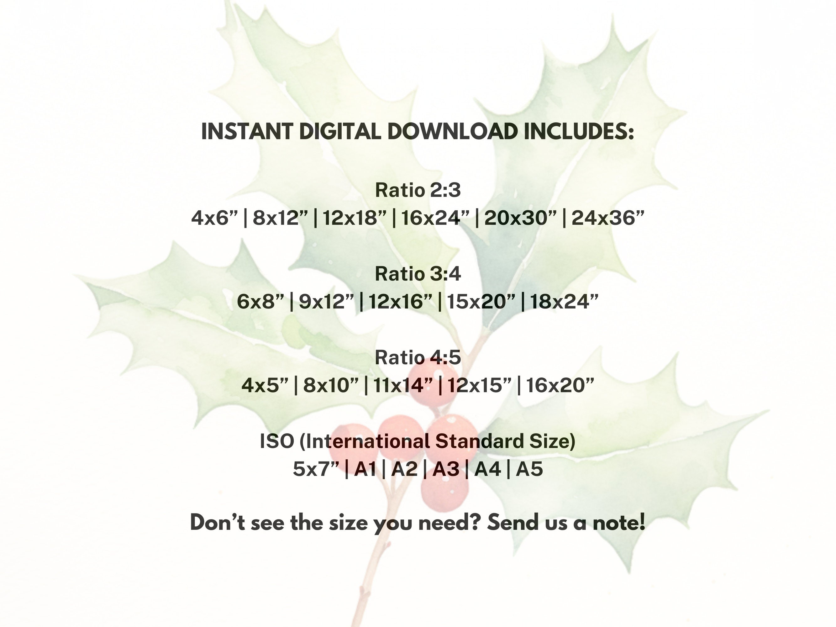 Holly Christmas Print, Printable Holiday Art, Winter Print, Minimalist ...