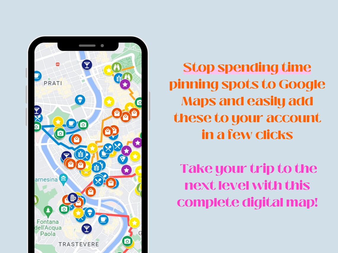 Rome Digital Travel Map for Google Maps Location Pins Rome Itinerary ...
