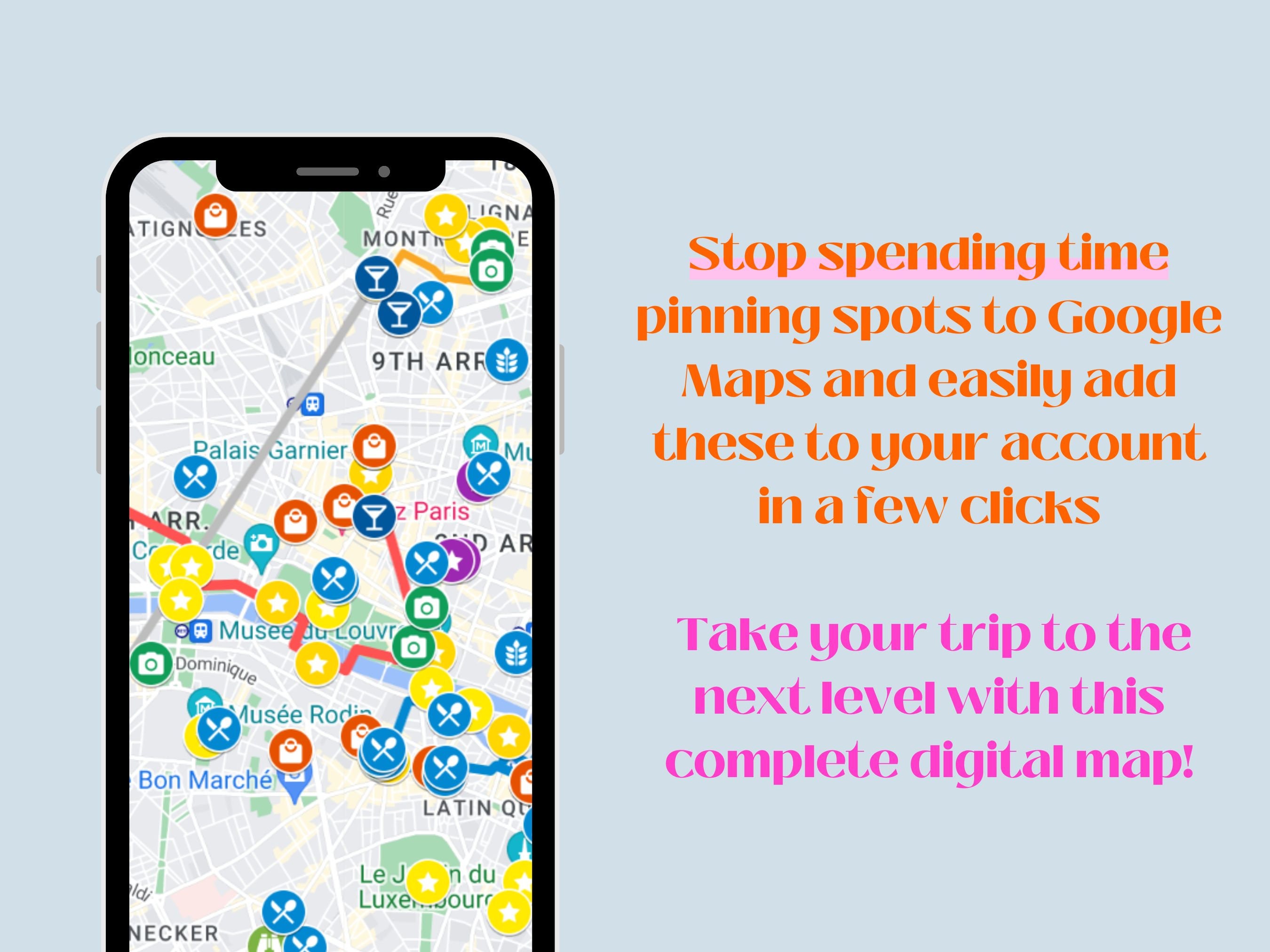 Paris Digital Travel Map for Google Maps Location Pins Paris Itinerary ...