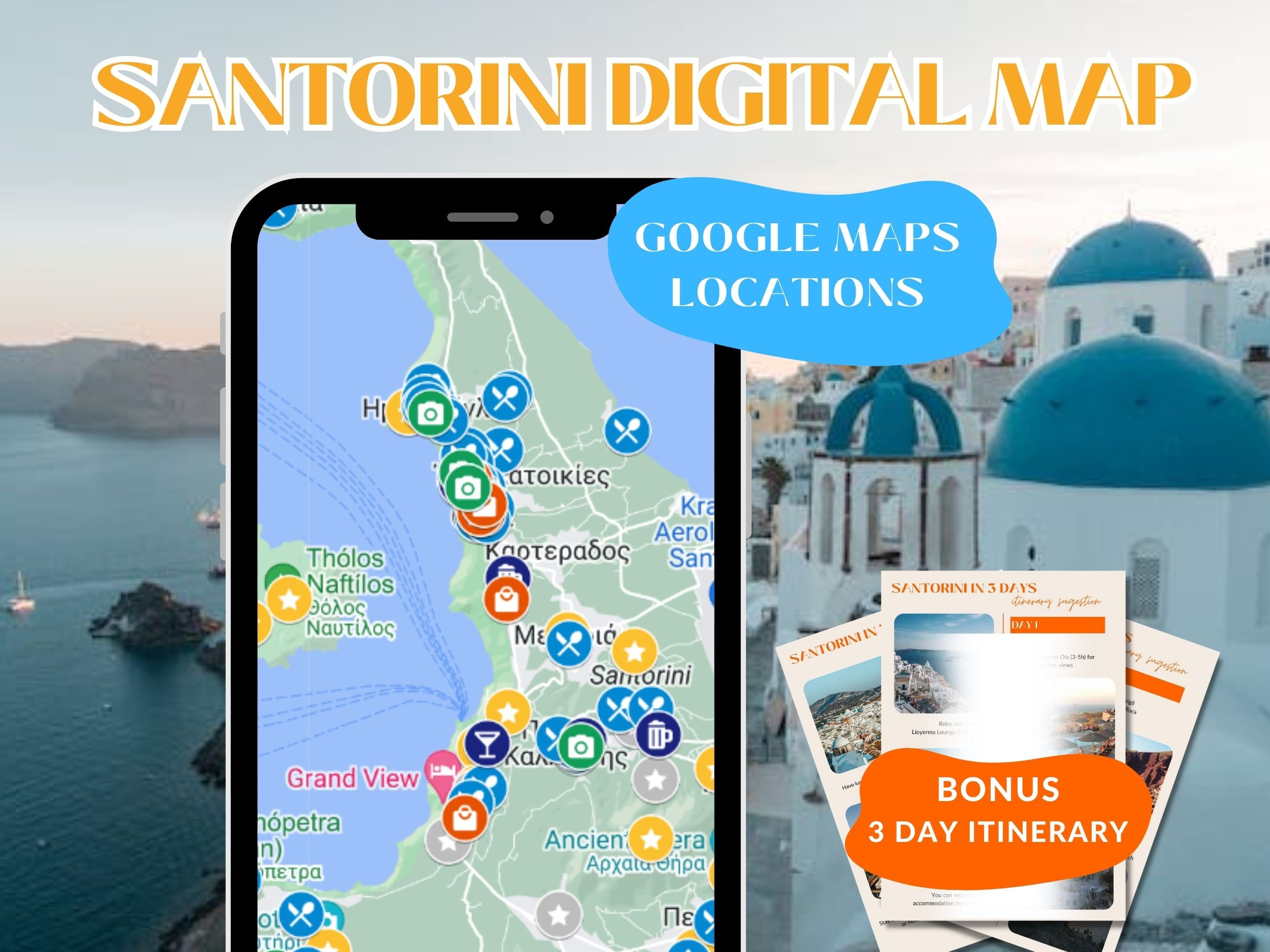 Santorini Digital Travel Map for Google Maps Location Pins Santorini ...