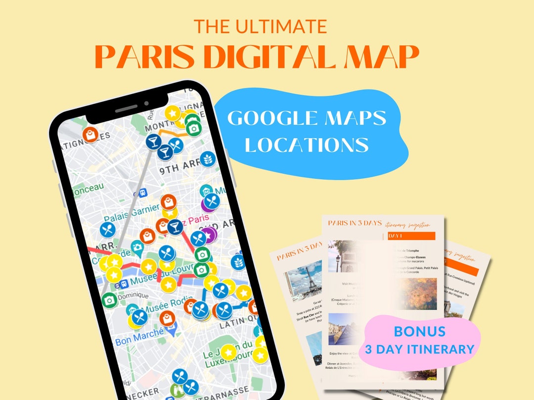 Paris Digital Travel Map for Google Maps Location Pins Paris - Etsy