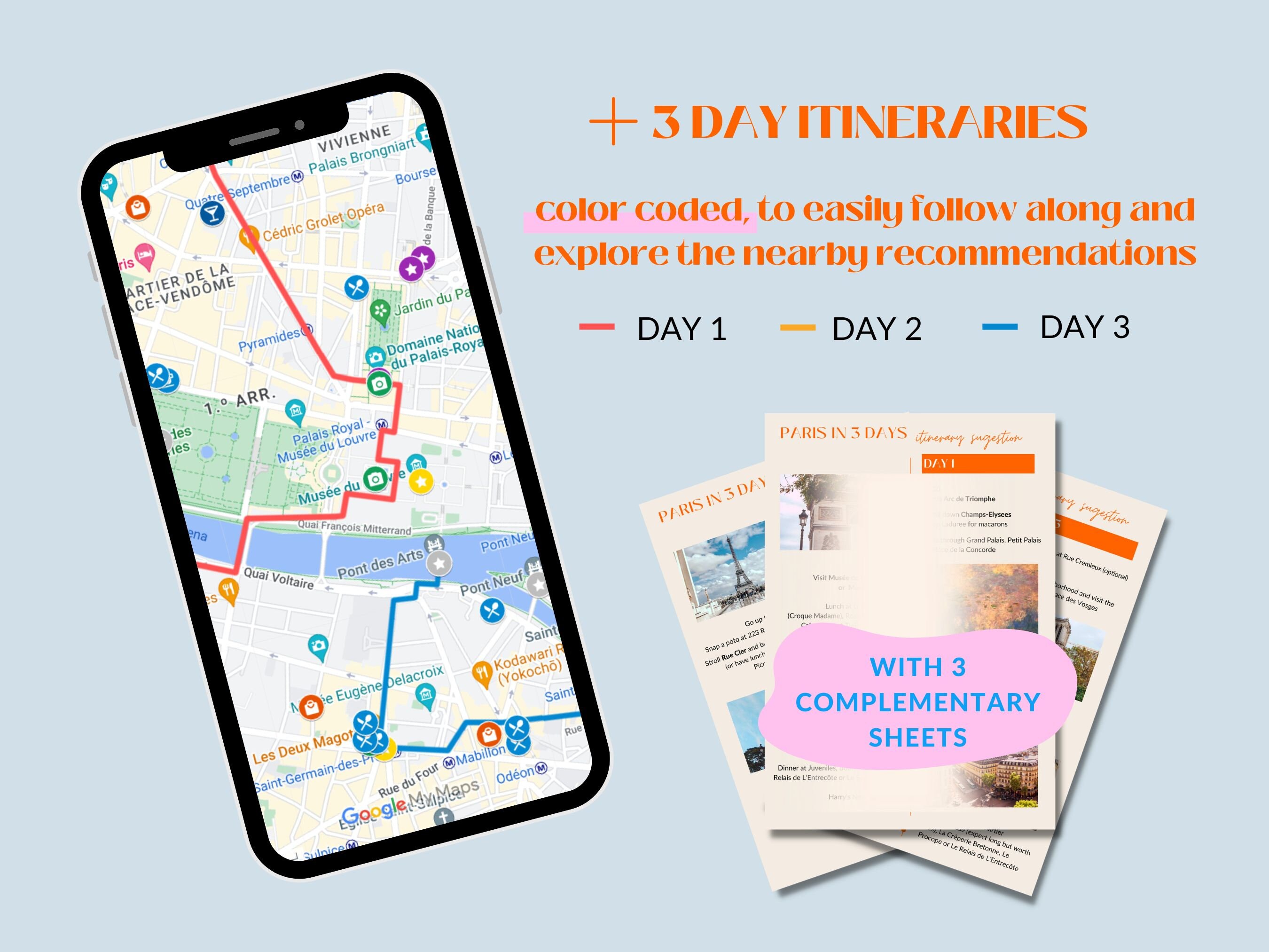 Paris Digital Travel Map for Google Maps Location Pins Paris Itinerary ...