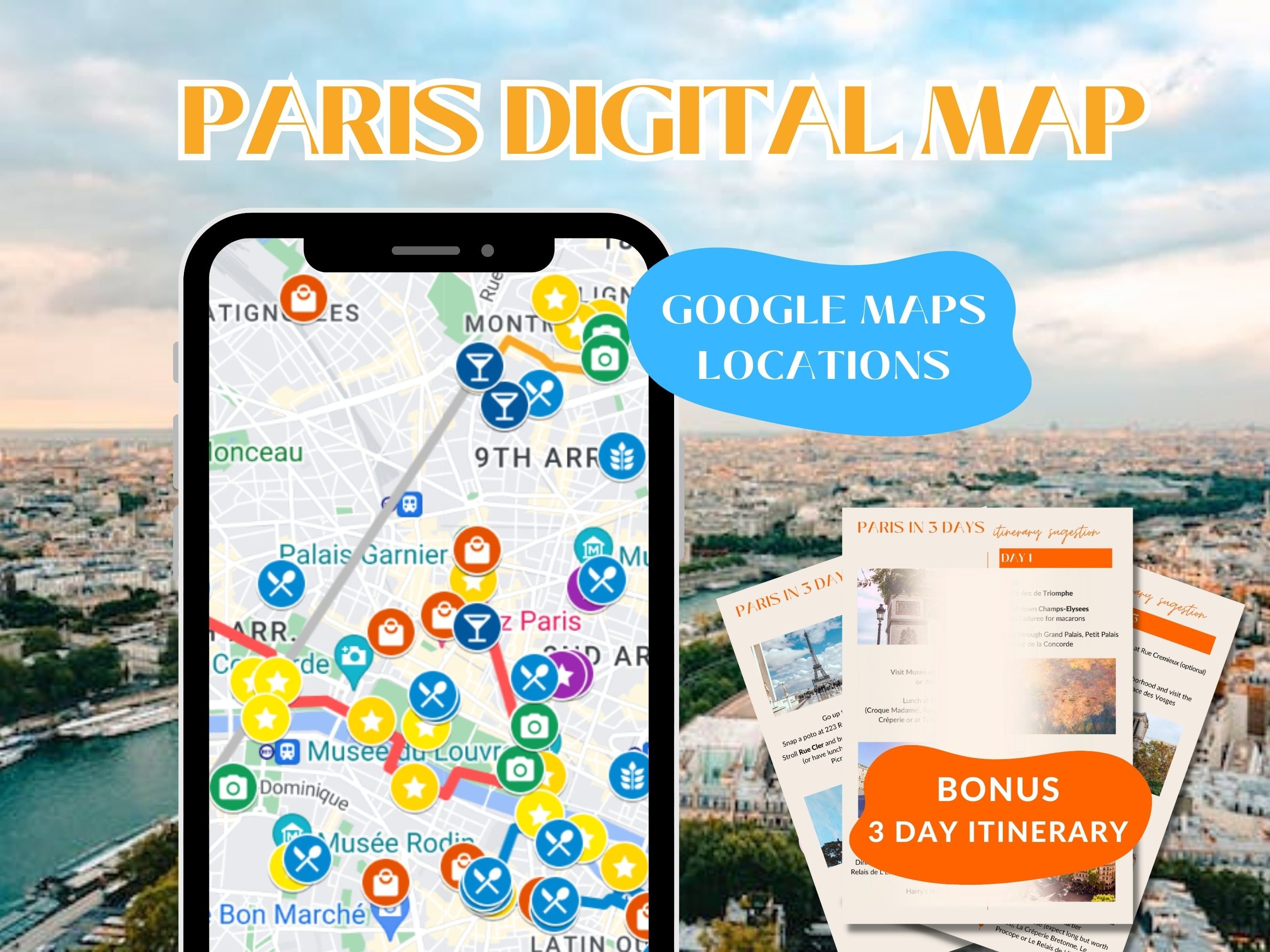 Paris Digital Travel Map for Google Maps Location Pins Paris Itinerary ...