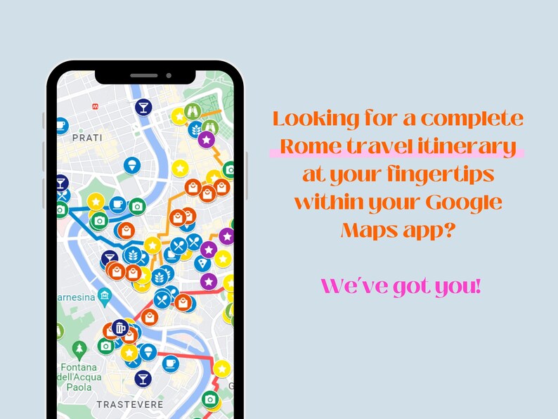 Rome Digital Travel Map for Google Maps Location Pins Rome Itinerary ...