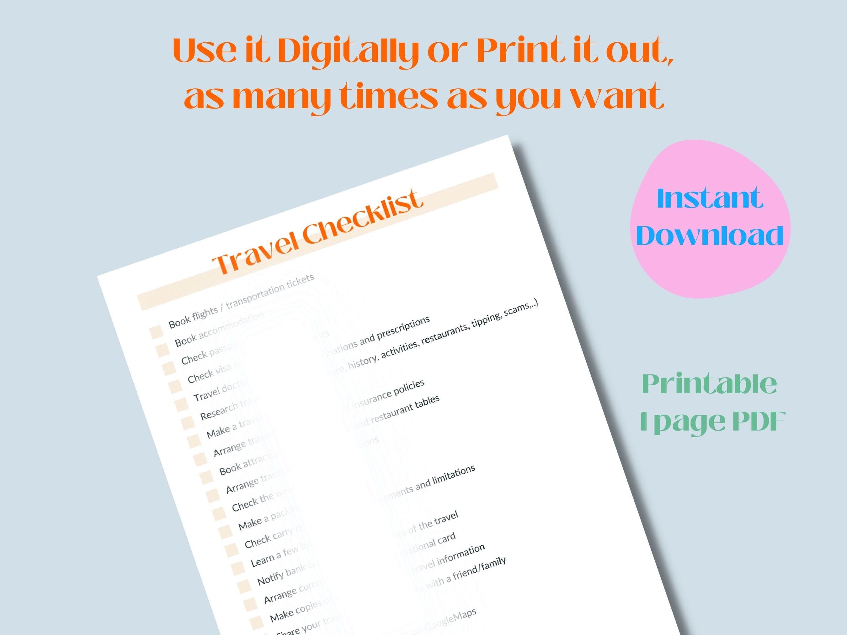 Ultimate Travel Checklist Printable Travel List Pre-travel - Etsy UK
