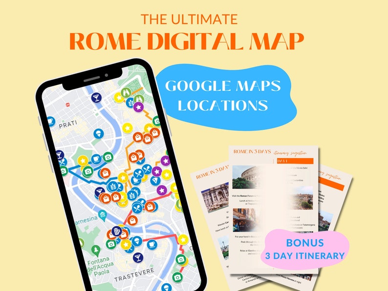 Rome Digital Travel Map for Google Maps Location Pins Rome - Etsy