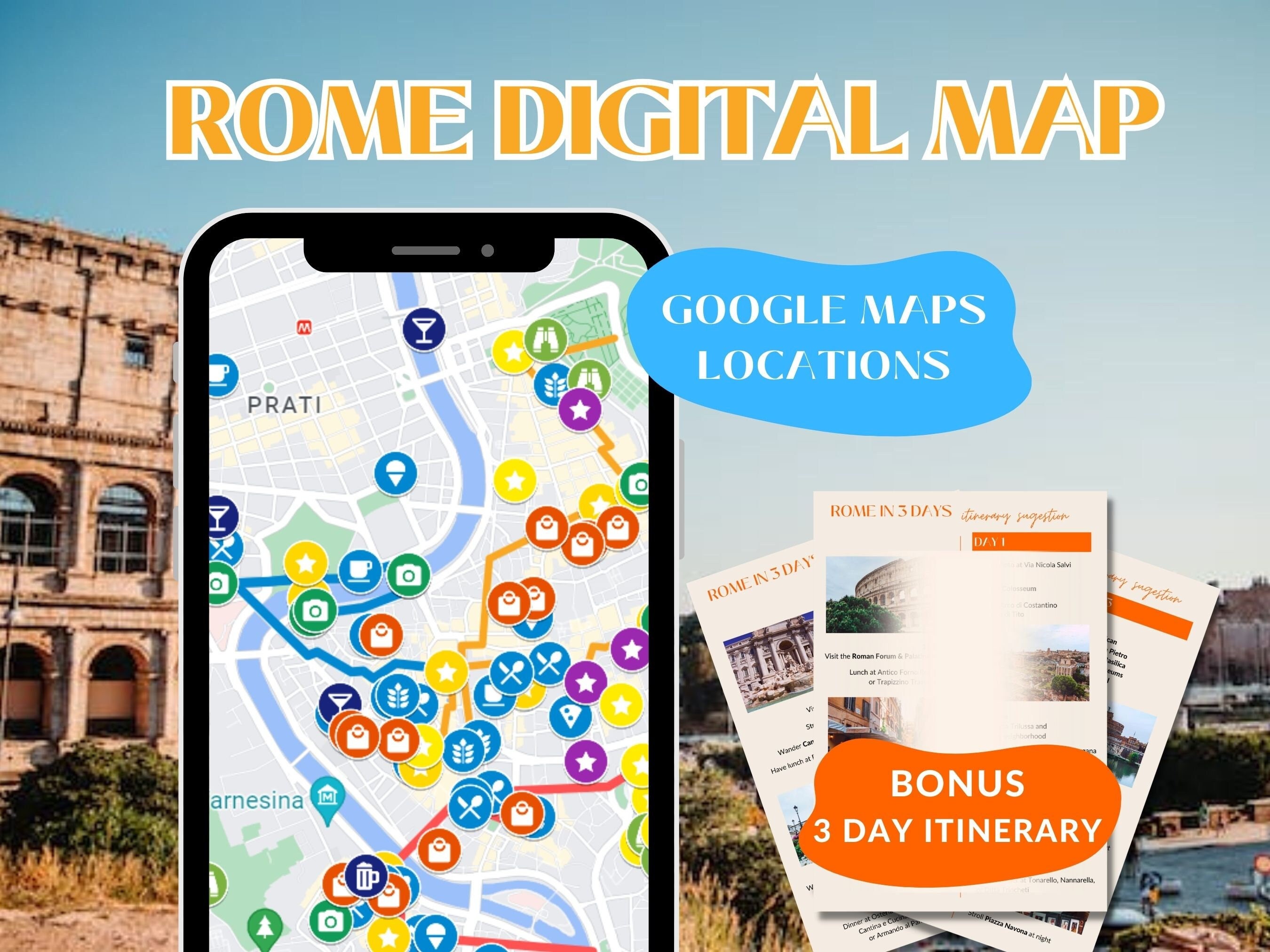 Rome Digital Travel Map for Google Maps Location Pins Rome Itinerary ...