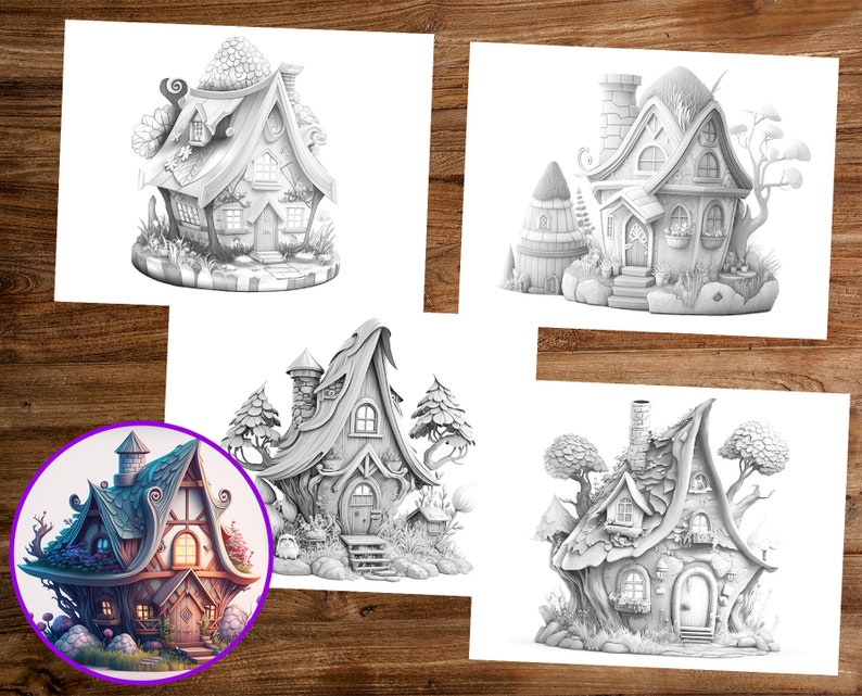 26 Gnome Fairy Houses Coloring Book Adults Kids Coloring Pages, Instant ...