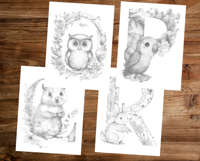 Alphabet Coloring Book Adults Kids Coloring Pages Grayscale - Etsy