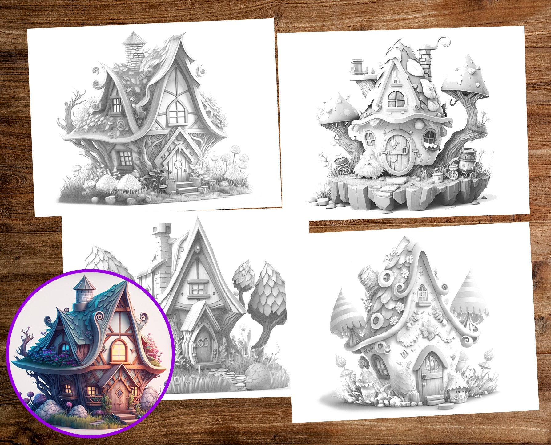 26 Gnome Fairy Houses Coloring Book Adults Kids Coloring Pages, Instant ...