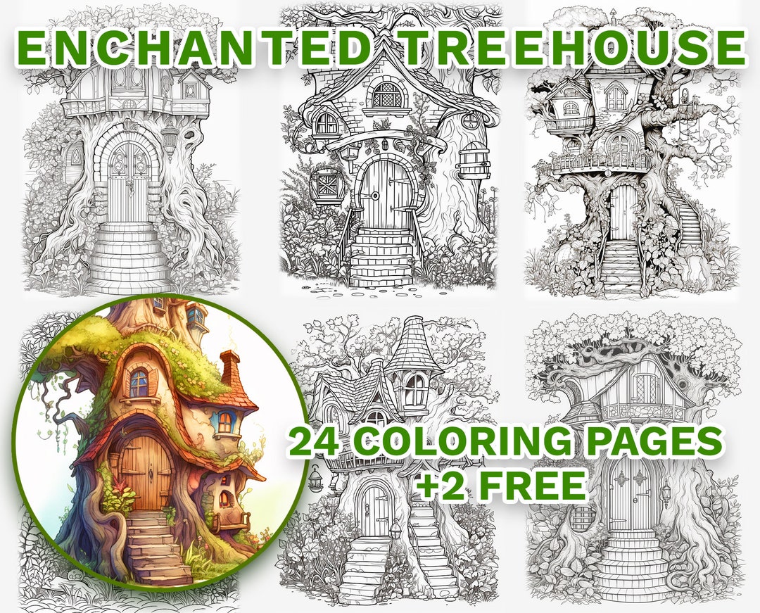 26 Enchanted Forest Treehouse Coloring Book Adults Kids Coloring Pages ...