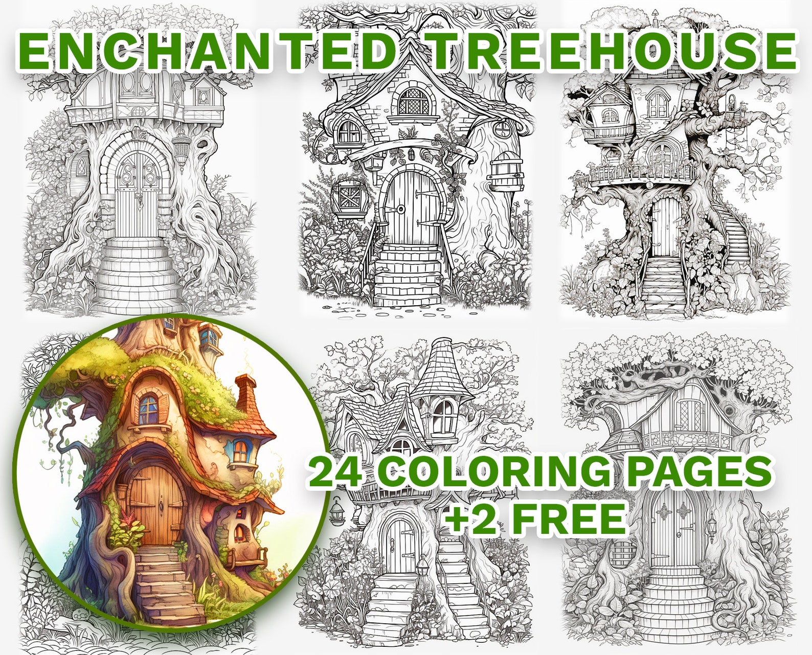 26 Enchanted Forest Treehouse Coloring Book Adults Kids Coloring Pages ...