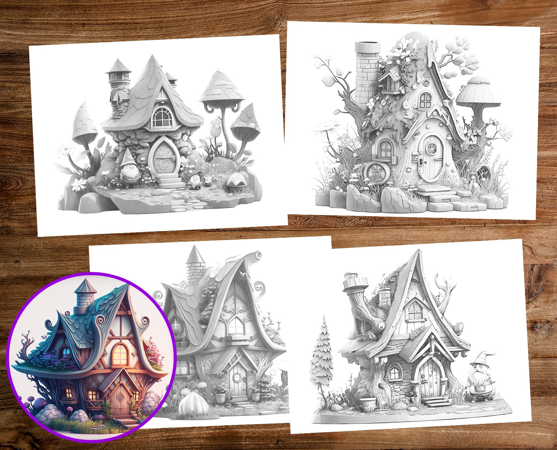 26 Gnome Fairy Houses Coloring Book Adults Kids Coloring Pages, Instant ...