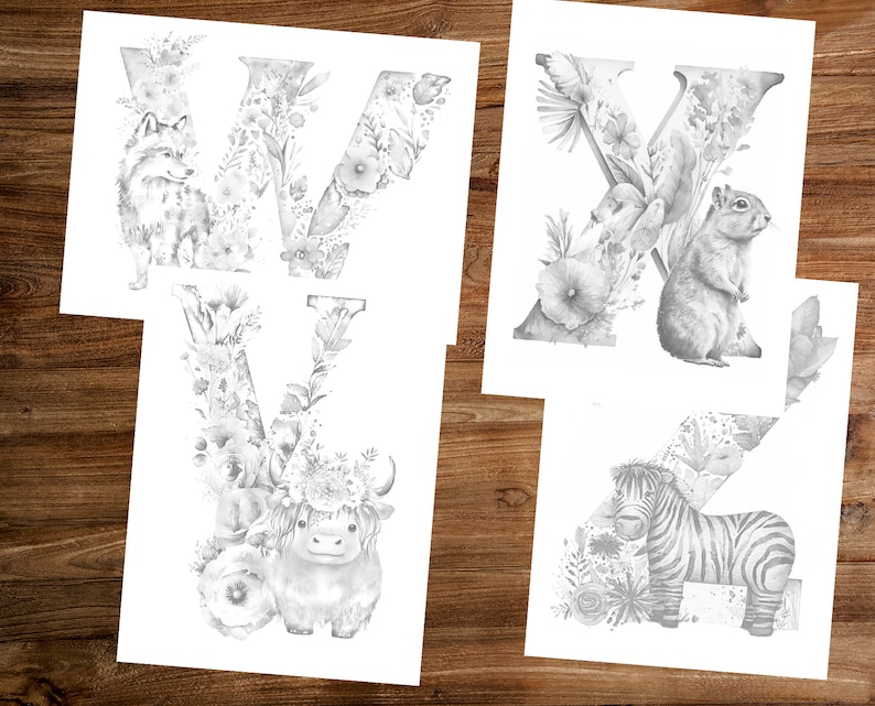 Alphabet Coloring Book Adults Kids Coloring Pages, Grayscale Letter ...