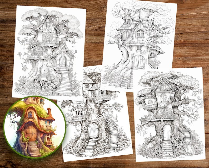 26 Enchanted Forest Treehouse Coloring Book Adults Kids Coloring Pages ...