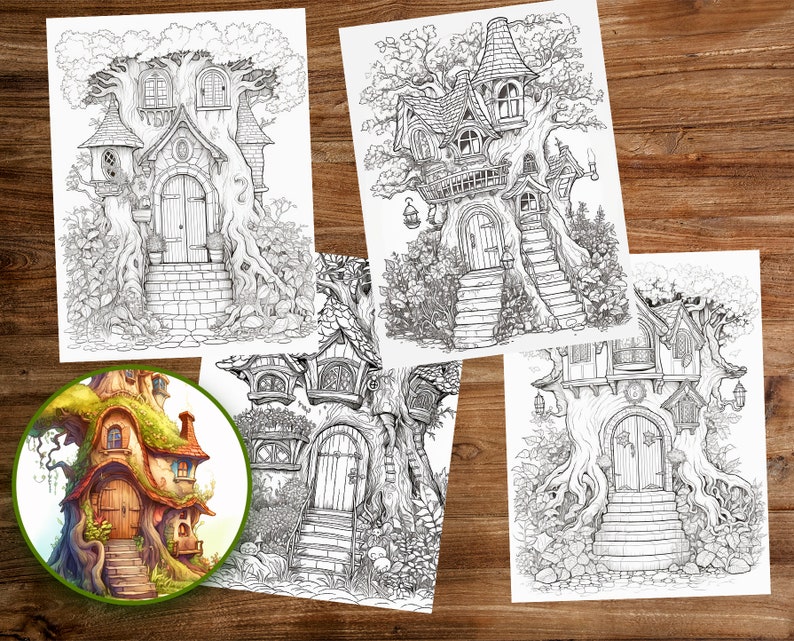 26 Enchanted Forest Treehouse Coloring Book Adults Kids Coloring Pages ...