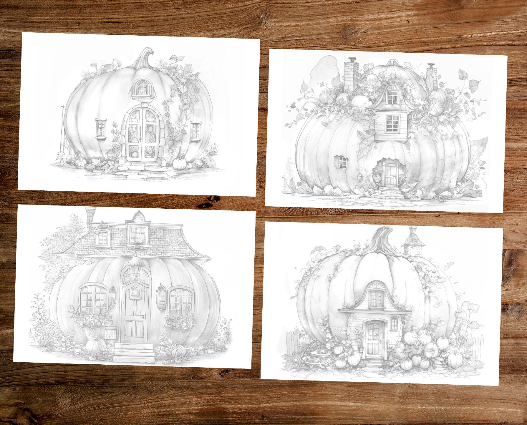 Pumpkin Fairy House Coloring Book, Grayscale Illustrations (PDF File ...