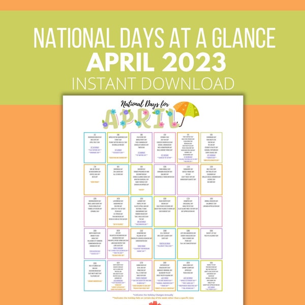April 2023, National Days at a Glance, Digital Download, Instant ...