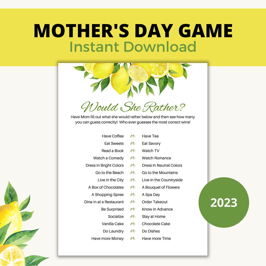 Lemon Themed Mother's Day Game, Printable Icebreaker, Would She Rather ...