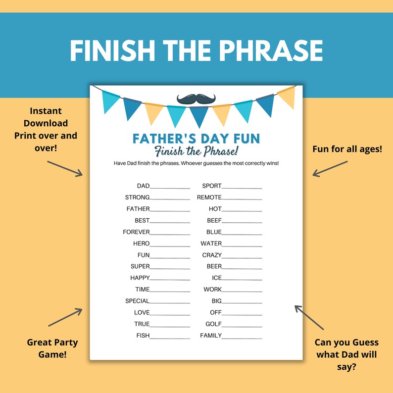 Printable Father's Day Game | Finish the Phrase Party Activity for Dad ...