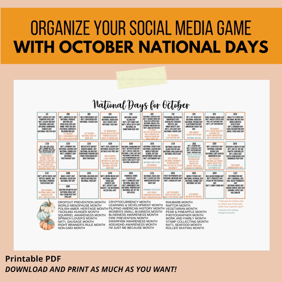 Printable October National Day Calendar | Holiday Tracker at a Glance ...