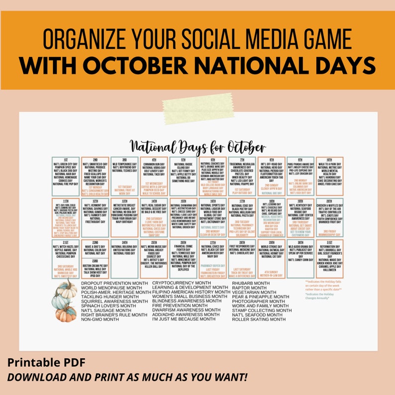 Printable October National Day Calendar | Holiday Tracker at a Glance ...