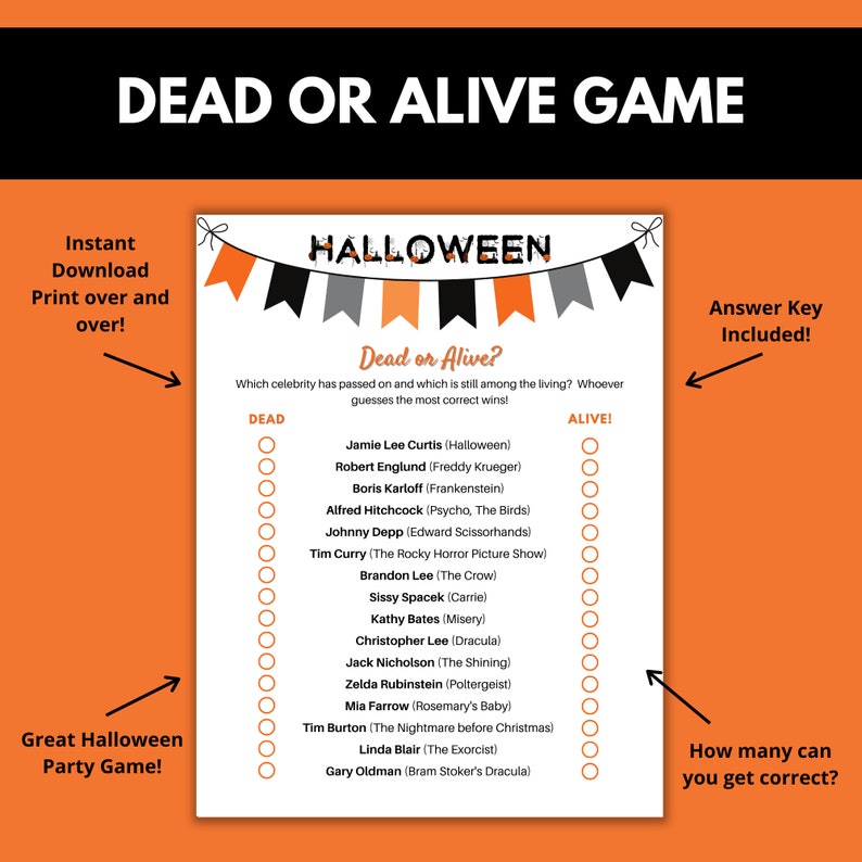 Halloween Dead or Alive Game | Spooky Celebrity Quiz (instant Download ...