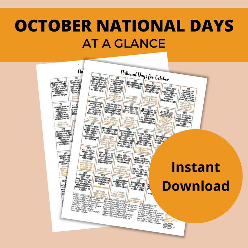 Printable October National Day Calendar | Holiday Tracker at a Glance ...