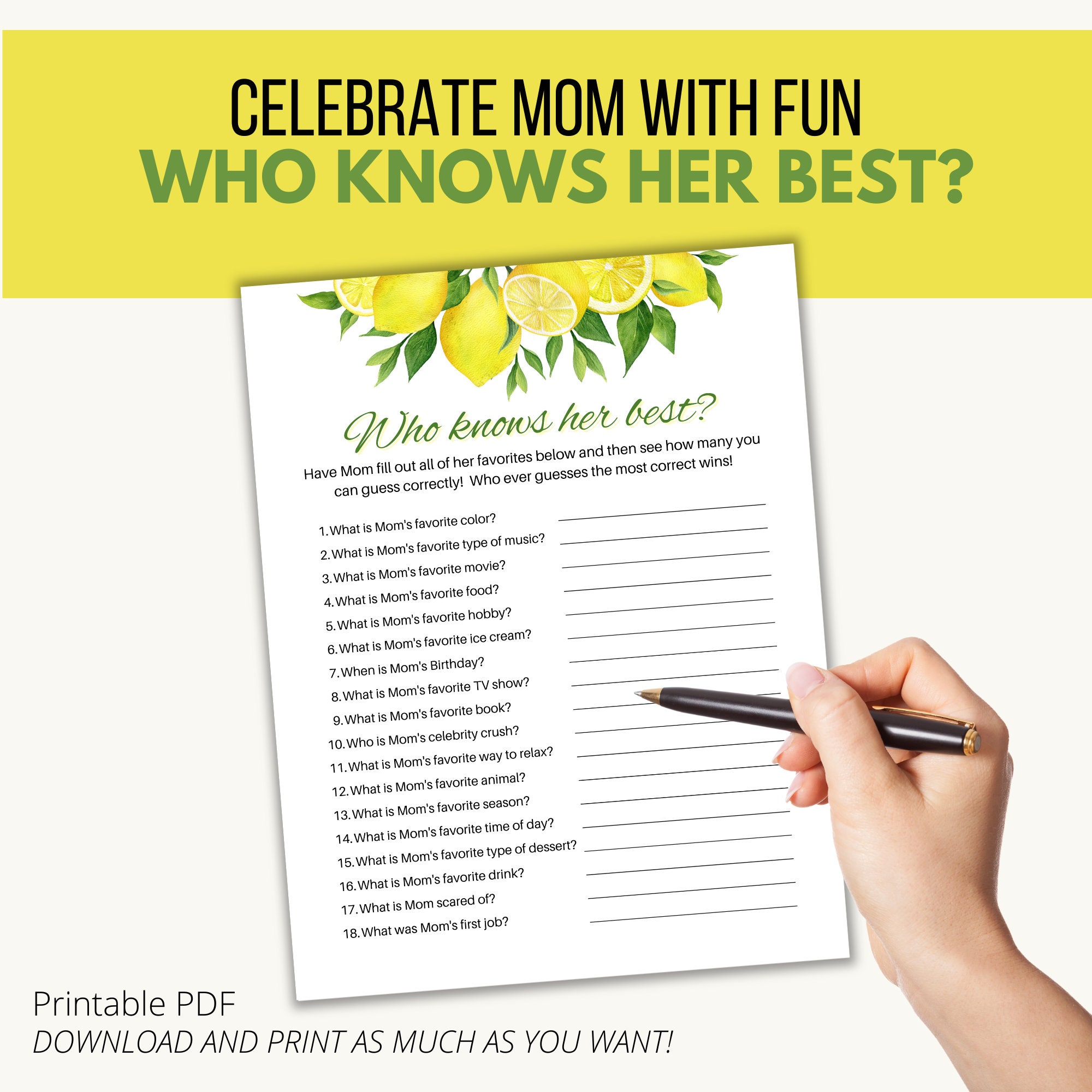 Printable Mother's Day Game Who Knows Mom Best Quiz Celebrating Mom ...