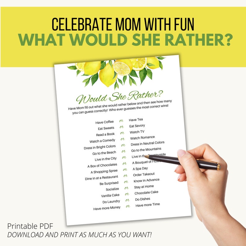 Lemon Themed Mother's Day Game, Printable Icebreaker, Would She Rather ...