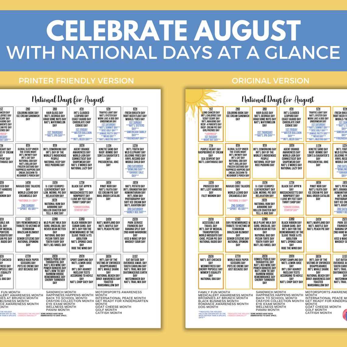 August National Day Calendar Printable | Holiday Tracker (digital ...