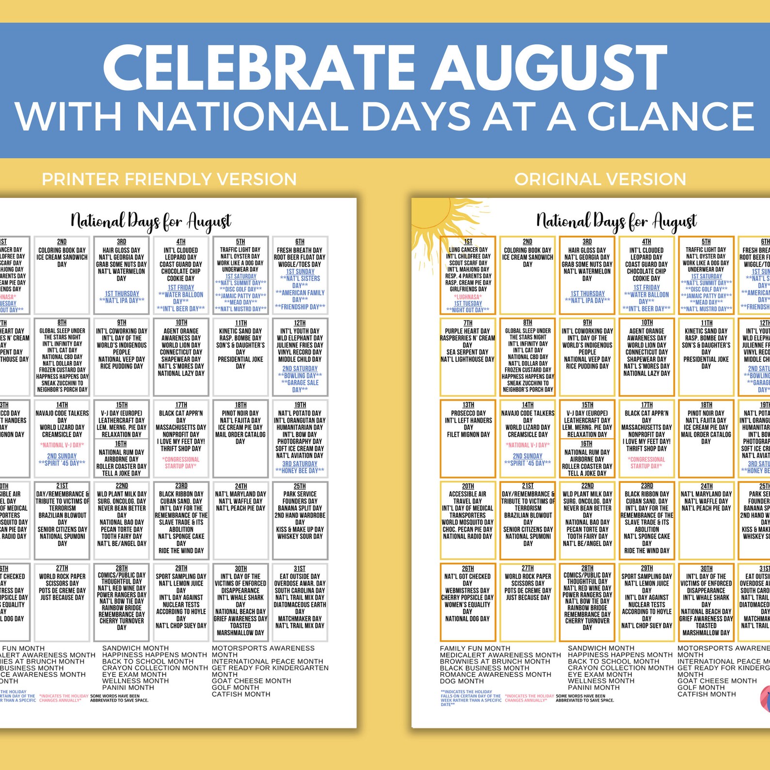 Printable August National Day Calendar | Holiday Tracker at a Glance ...