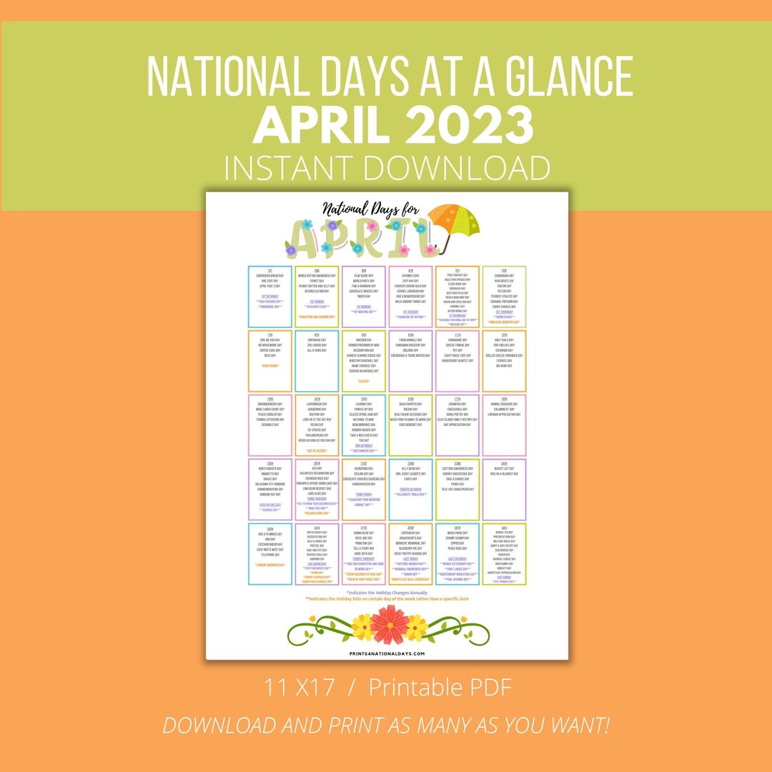 April 2023, National Days at a Glance, Digital Download, Instant ...