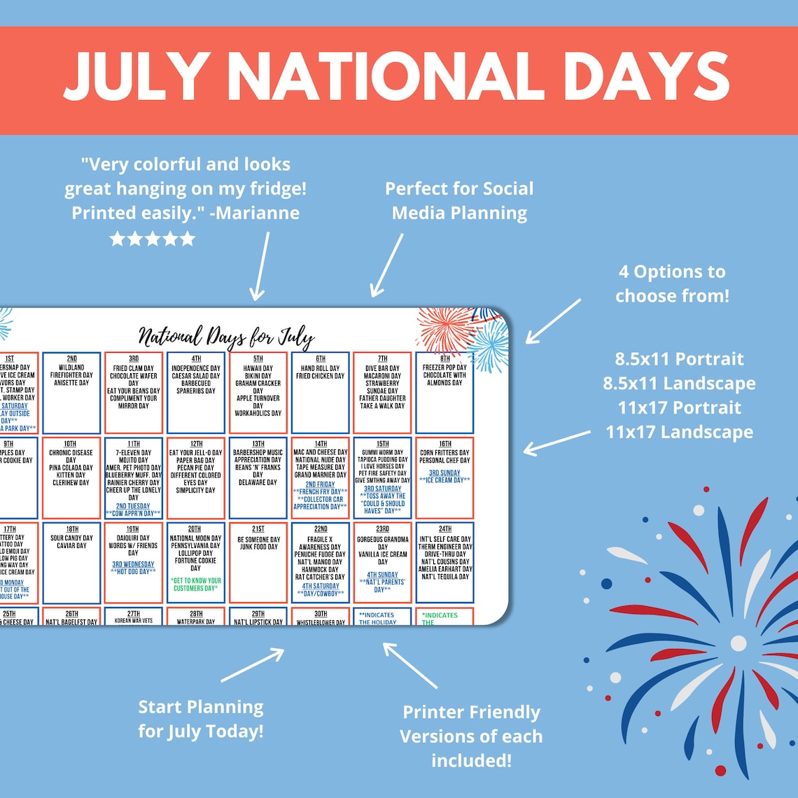 Printable July National Day Calendar | Holiday Tracker at a Glance ...
