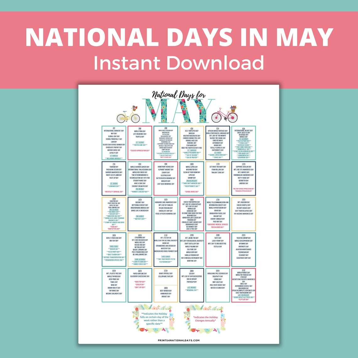 May National Days Printable Calendar | Spring Holidays at a Glance ...