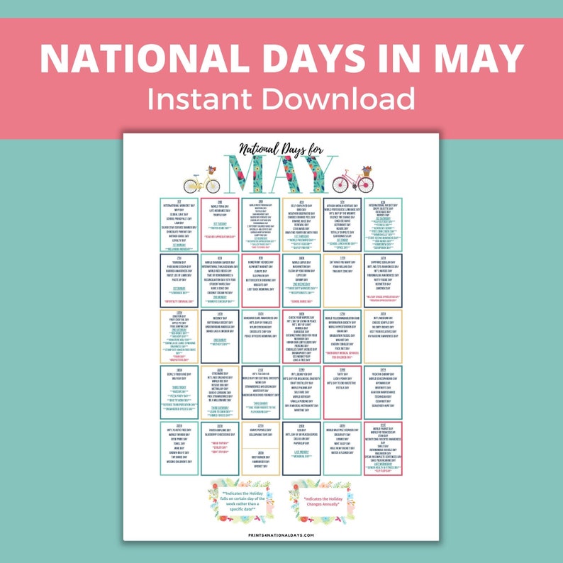 May National Days Printable Calendar | Spring Holidays at a Glance ...