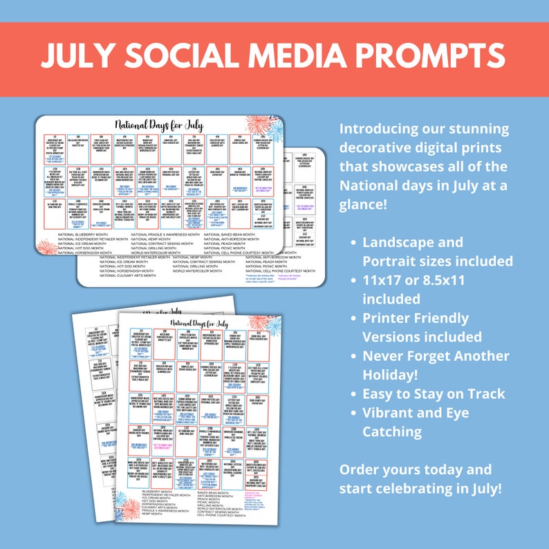 Printable July National Day Calendar | Bulletin Board, Social Media ...