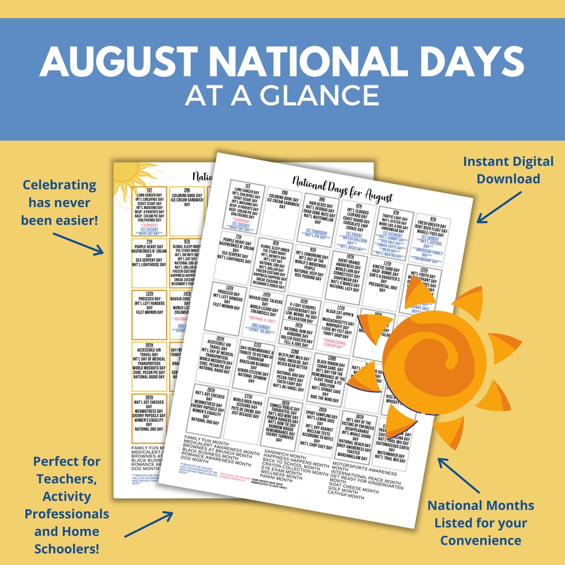 Printable August National Day Calendar | Holiday Tracker at a Glance ...