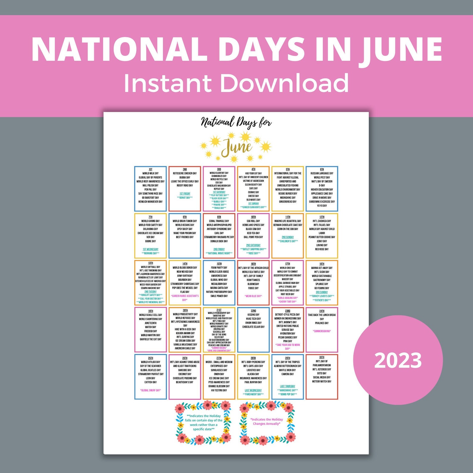 June National Day Calendar Printable | at a Glance Holiday Tracker ...