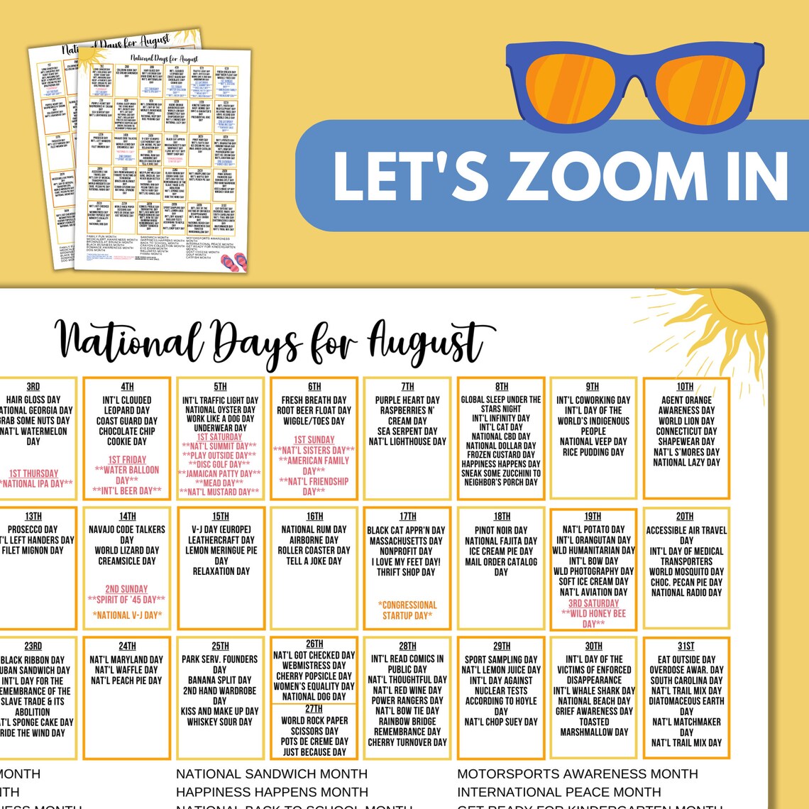 Printable August National Day Calendar | Holiday Tracker at a Glance ...